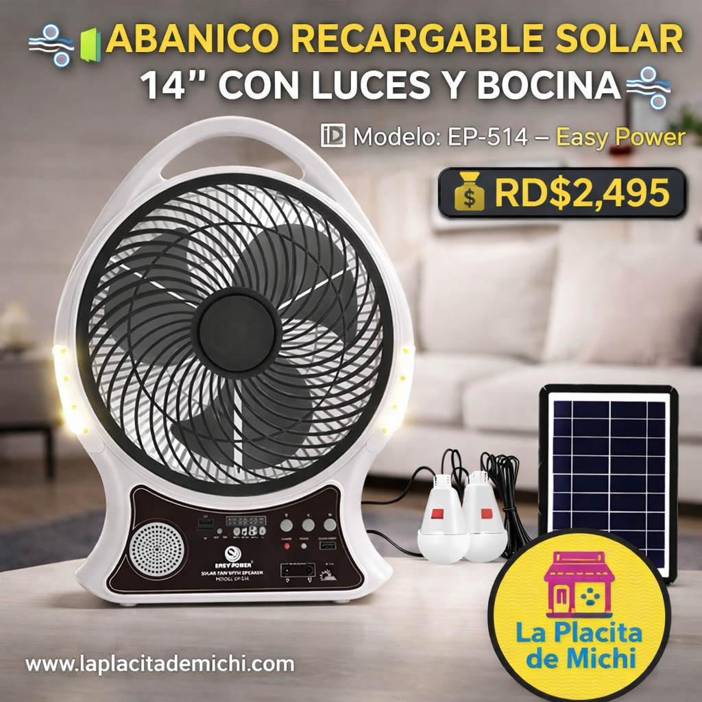 🌬️🔋 ABANICO RECARGABLE SOLAR 14” CON LUCES Y BOCINA 🔋🌬️ 🆔 Modelo: EP-5 ...