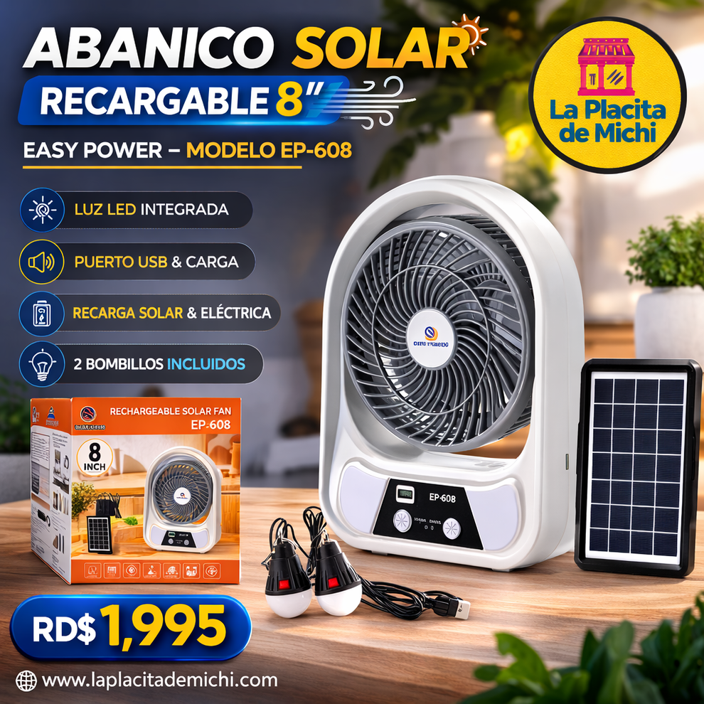 ️🔋 ABANICO SOLAR RECARGABLE 8” EASY POWER – MODELO EP-608 🔋 ️ 💰RD$1,9 ...